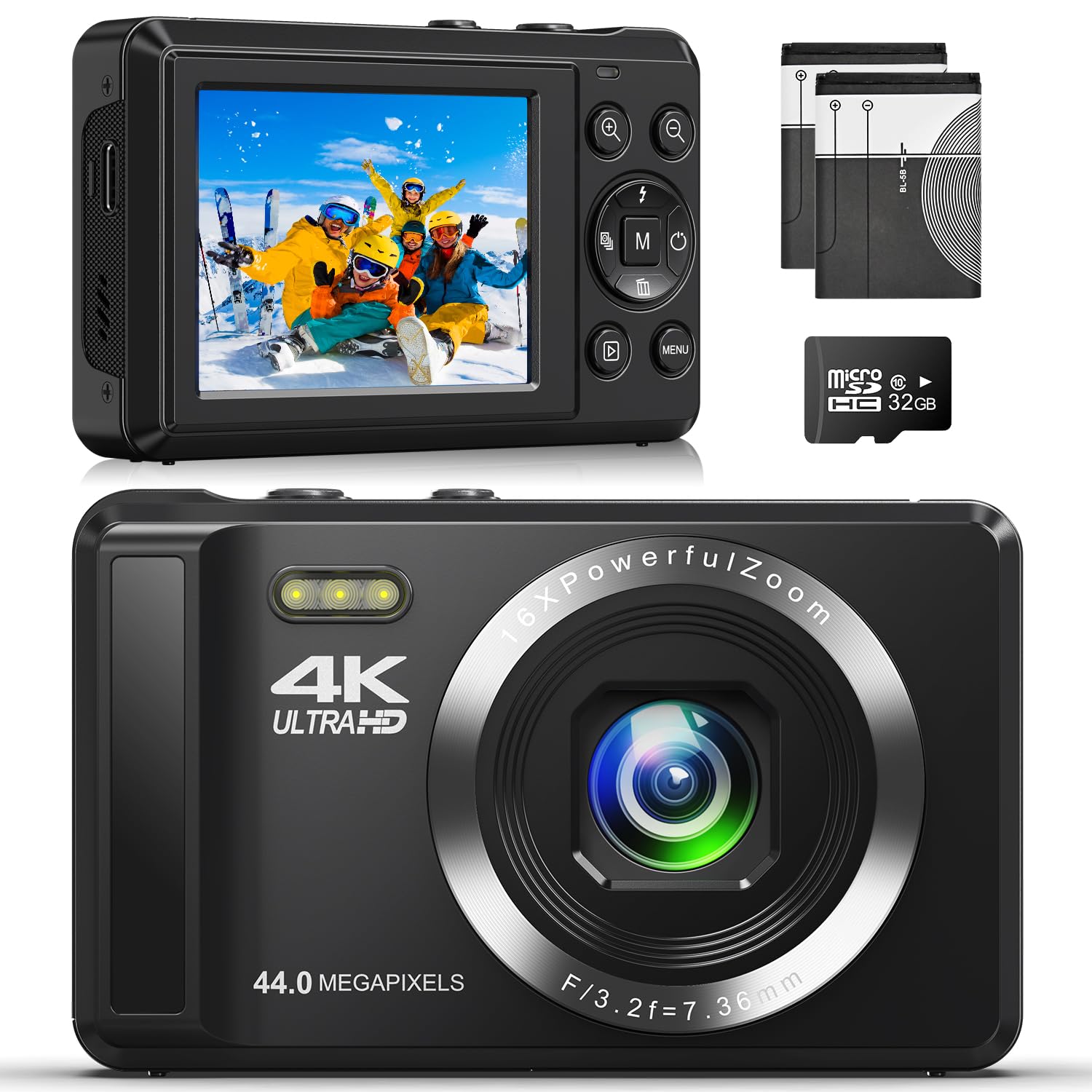 4K Digital Camera for Kids 44MP Compact Camera with 16X Digital Zoom, 2.4'' Autofocus Portable Point and Shoot Digital Cameras for Beginners, Boys, Girls with 32GB SD Card and 2 Batteries