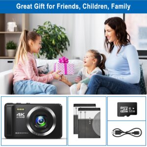 4K Digital Camera for Kids 44MP Compact Camera with 16X Digital Zoom, 2.4'' Autofocus Portable Point and Shoot Digital Cameras for Beginners, Boys, Girls with 32GB SD Card and 2 Batteries