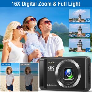 4K Digital Camera for Kids 44MP Compact Camera with 16X Digital Zoom, 2.4'' Autofocus Portable Point and Shoot Digital Cameras for Beginners, Boys, Girls with 32GB SD Card and 2 Batteries