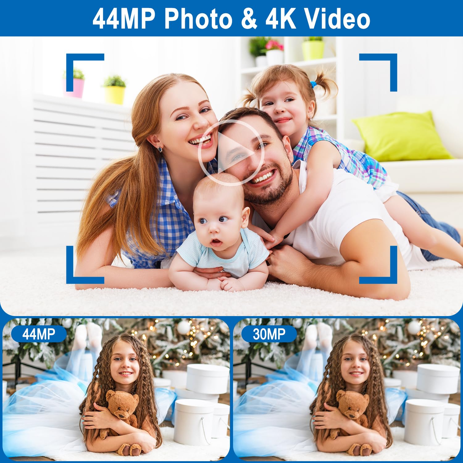 4K Digital Camera for Kids 44MP Compact Camera with 16X Digital Zoom, 2.4'' Autofocus Portable Point and Shoot Digital Cameras for Beginners, Boys, Girls with 32GB SD Card and 2 Batteries