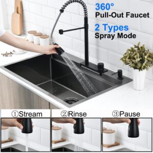 BoomHoze 33-inch Black Waterfall Kitchen Sink Drop in with Faucet Combo, 33x22 Drop-in Kitchen Sink Workstation Topmount 16 Gauge Stainless Steel Single Bowl Kitchen Sink