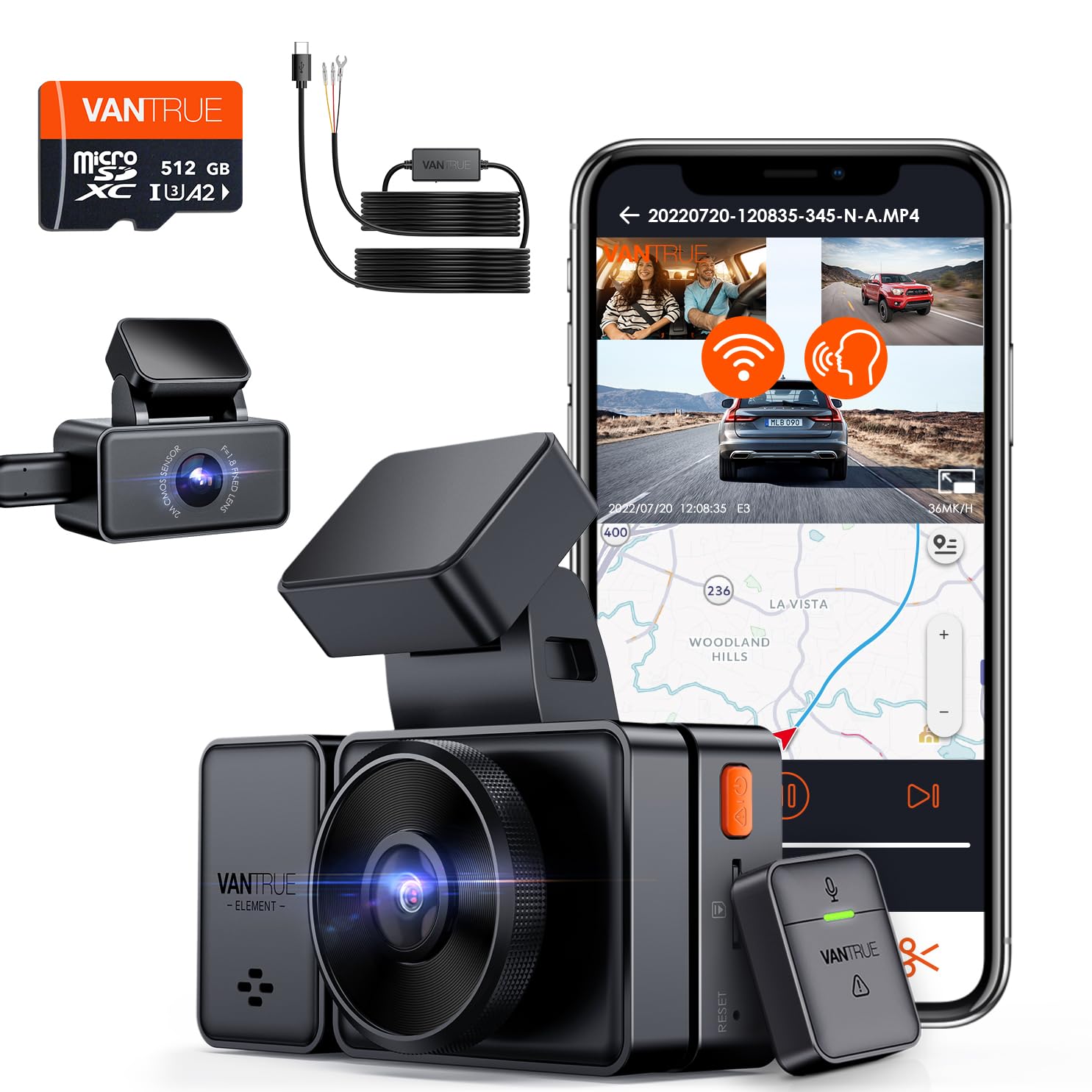 [ Bundle-3 Items: Vantrue E3 Dash Cam + 512GB SD Card + Hardwire Kit ] 3 Channel Dash Cam Front and Rear Inside, 3 Way Triple WiFi GPS Dash Camera 2.7K 1944P+1080P+1080P with STARVIS IR Night Vision