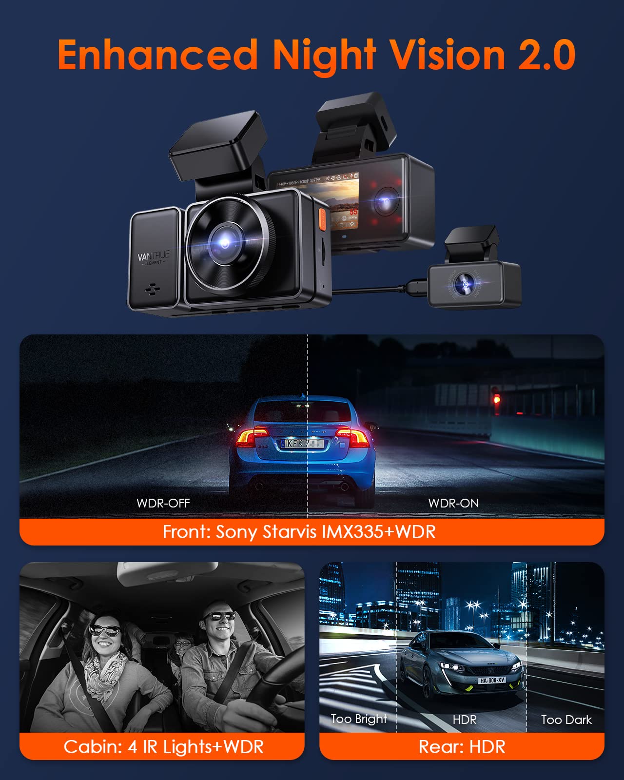 [ Bundle-3 Items: Vantrue E3 Dash Cam + 512GB SD Card + Hardwire Kit ] 3 Channel Dash Cam Front and Rear Inside, 3 Way Triple WiFi GPS Dash Camera 2.7K 1944P+1080P+1080P with STARVIS IR Night Vision