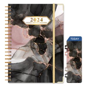 knagsfa 2024 monthly planner, jan 2024 - dec 2024 weekly monthly planner 6.5" x 8.5" with page tabs, calendar hardcover with inner pocket, elastic band, twin-wire binding, bookmark,black pink marble