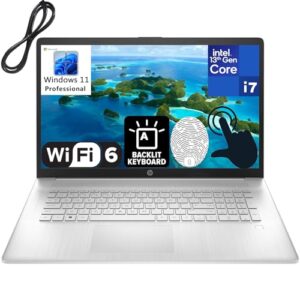 hp 17 17.3" touch hd+ business laptop computer, 13th gen intel 10-core i7-1355u, 64gb ddr4 ram, 2tb pcie ssd, wifi 6, backlit kb, fingerprint reader, silver, windows 11 pro, broag cable