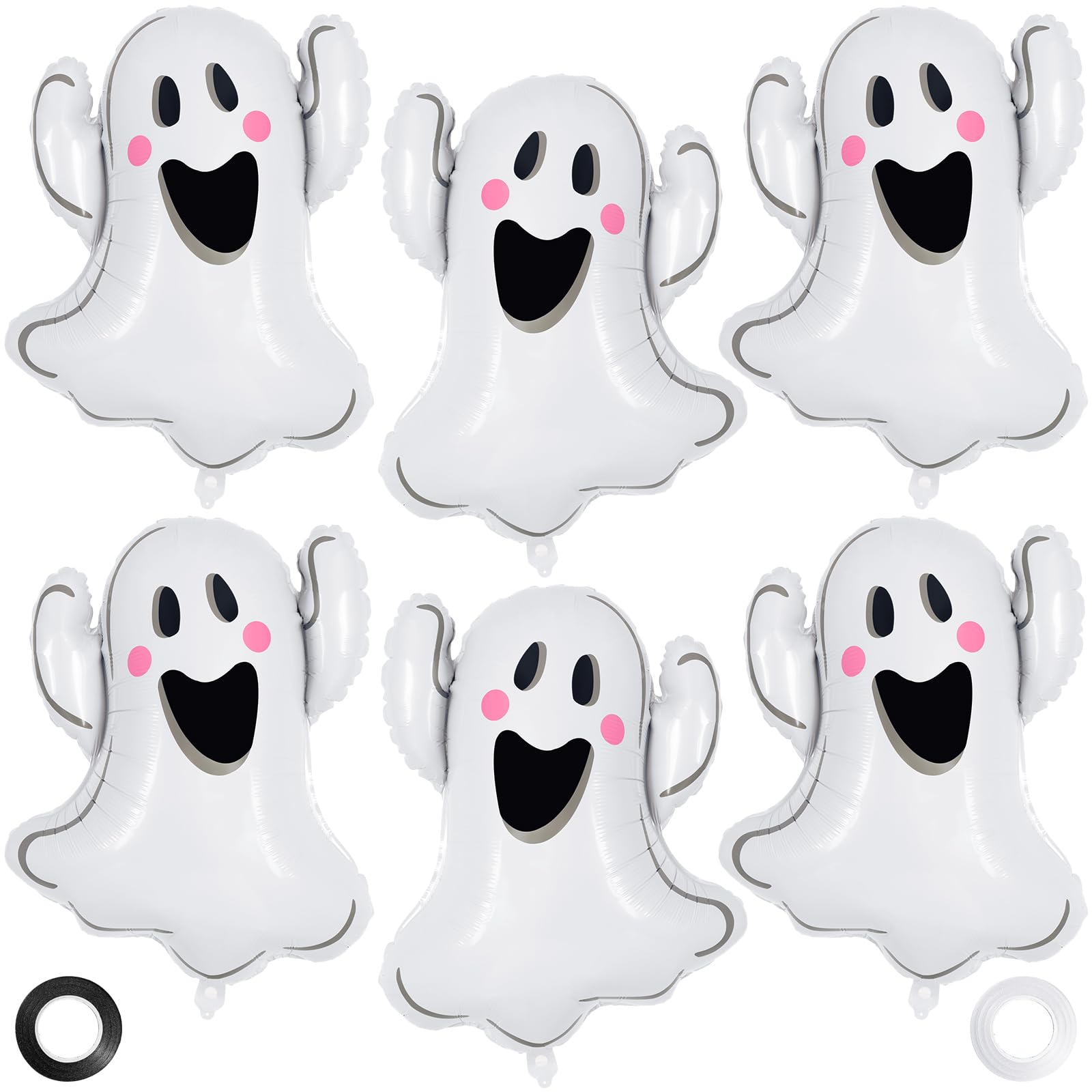 Halloween Ghost Balloons, 6 Pcs White Ghost Shaped Foil Balloon, Large Mylar Balloons for Trick or Treat Halloween Themed Party Decoration