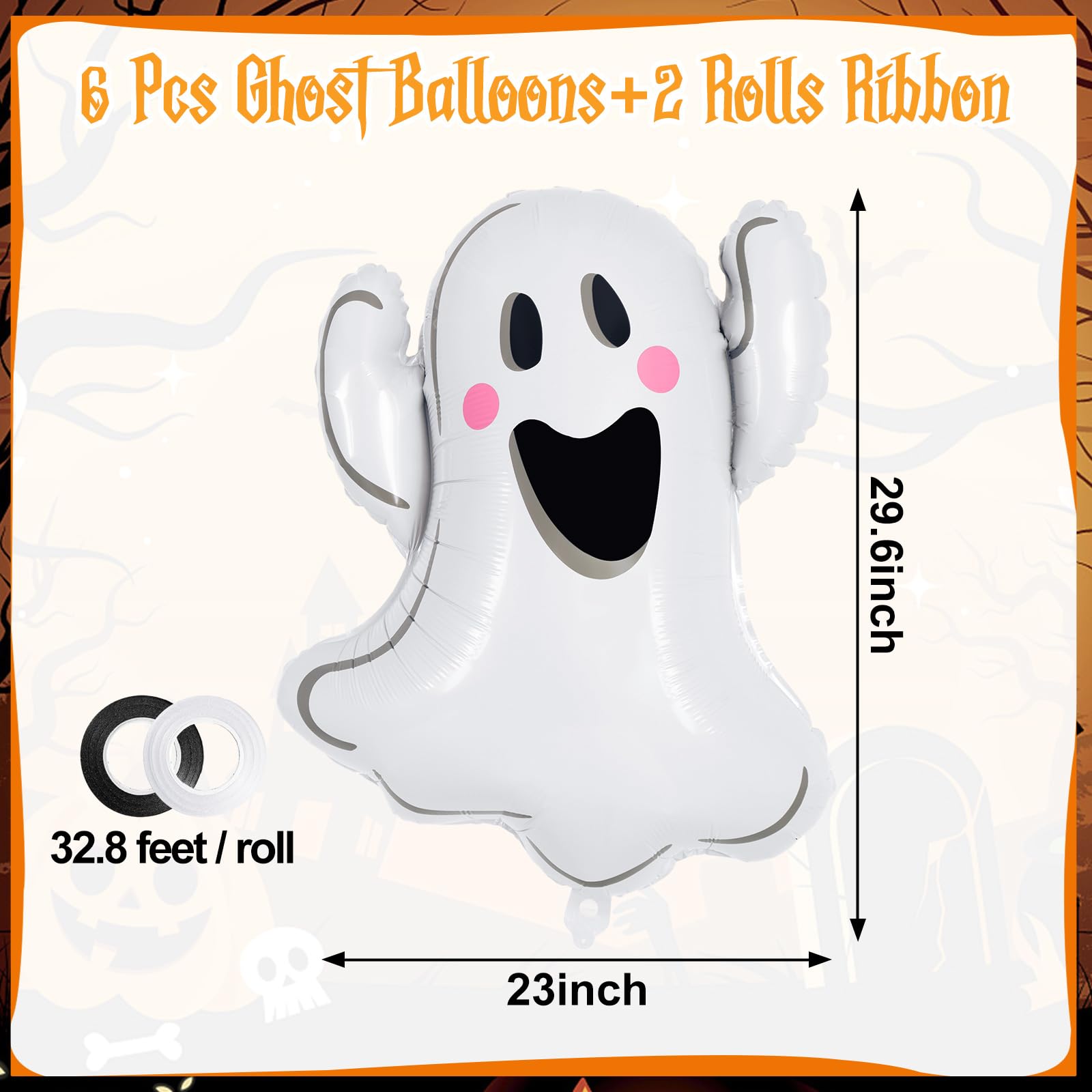 Halloween Ghost Balloons, 6 Pcs White Ghost Shaped Foil Balloon, Large Mylar Balloons for Trick or Treat Halloween Themed Party Decoration