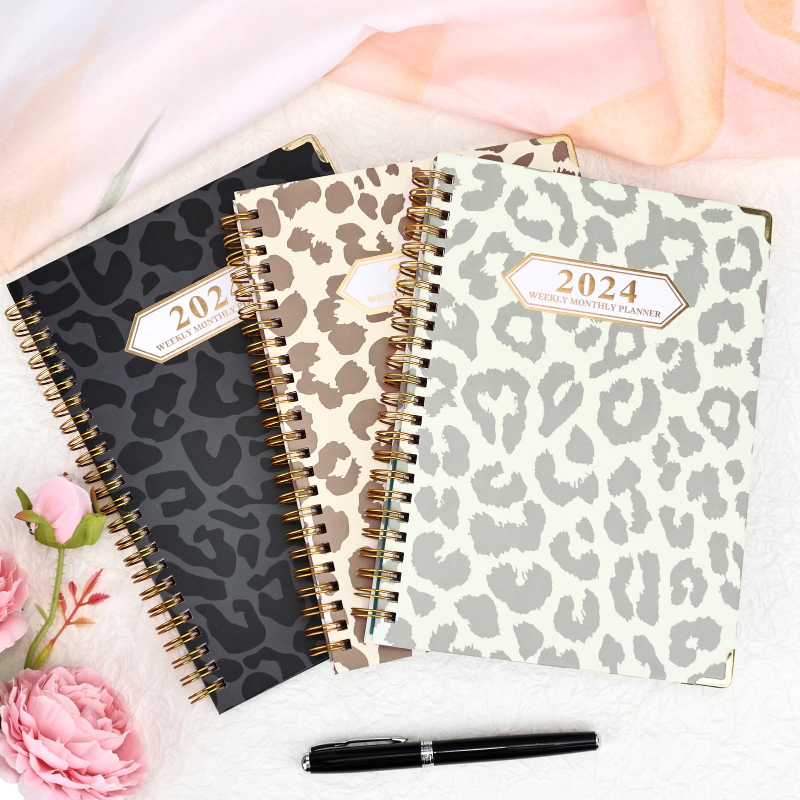 Knagsfa 2024 Monthly Planner, Jan 2024 - Dec 2024 Weekly Monthly Planner 6.5" x 8.5" with Page Tabs, Calendar Hardcover with Inner Pocket, Elastic Band, Twin-Wire Binding, Bookmark,Black Leopard