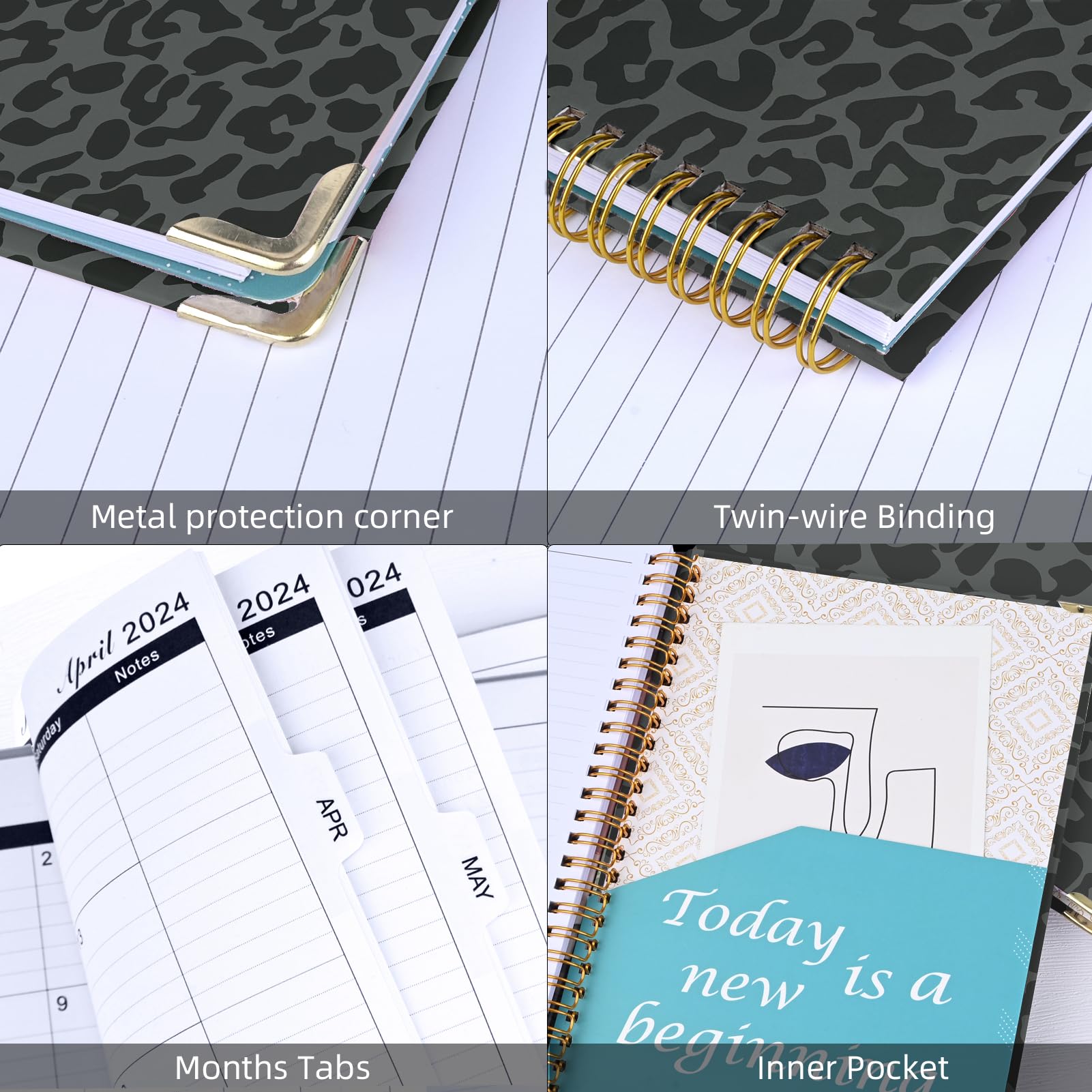 Knagsfa 2024 Monthly Planner, Jan 2024 - Dec 2024 Weekly Monthly Planner 6.5" x 8.5" with Page Tabs, Calendar Hardcover with Inner Pocket, Elastic Band, Twin-Wire Binding, Bookmark,Black Leopard