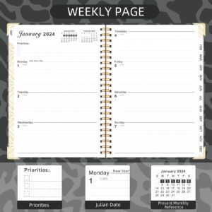 Knagsfa 2024 Monthly Planner, Jan 2024 - Dec 2024 Weekly Monthly Planner 6.5" x 8.5" with Page Tabs, Calendar Hardcover with Inner Pocket, Elastic Band, Twin-Wire Binding, Bookmark,Black Leopard