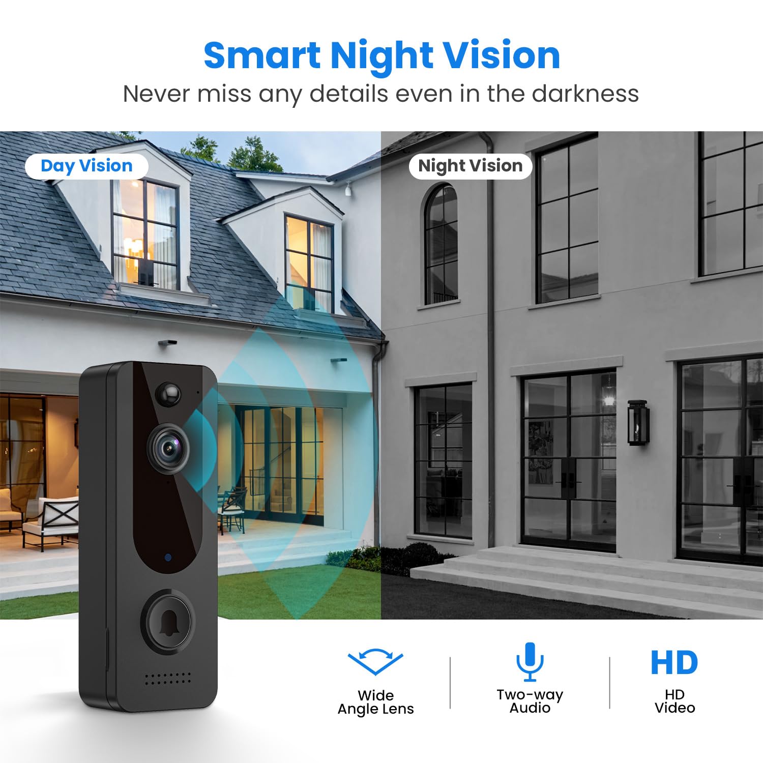 BITEPASS Smart Video Doorbell Camera Wireless with Ring Chime, AI Human Detection, 2-Way Audio, HD Live View, Night Vision, Cloud Storage, Battery Powered, 2.4G WiFi Only