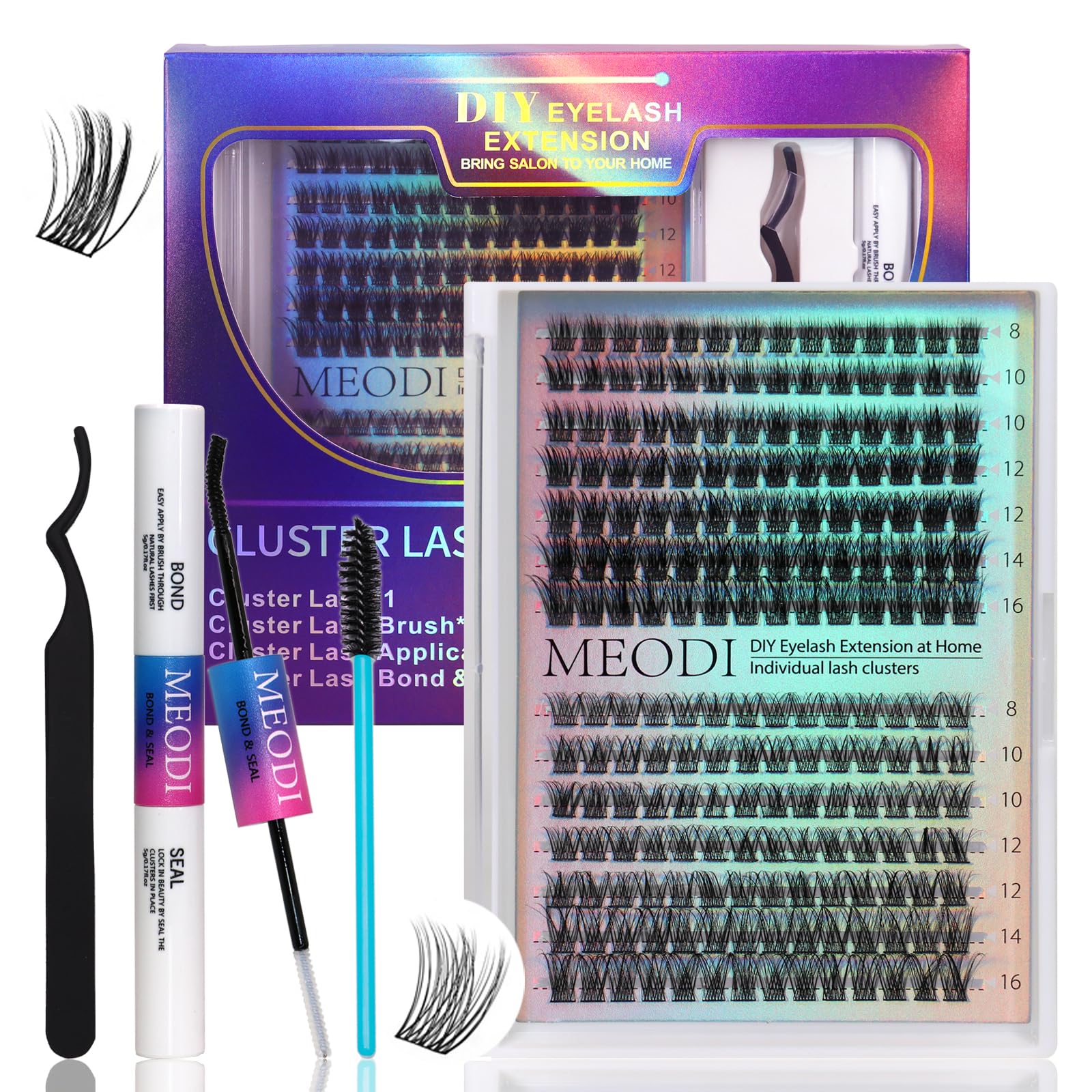 DIY Lash Extension Kit 196 Pcs Lash Clusters with Lash Bond and Seal and Lash Applicator Tool for Self Application at Home D Curl Individual Lashes Cluster Eyelash Extension Kit 8-16mm Mix