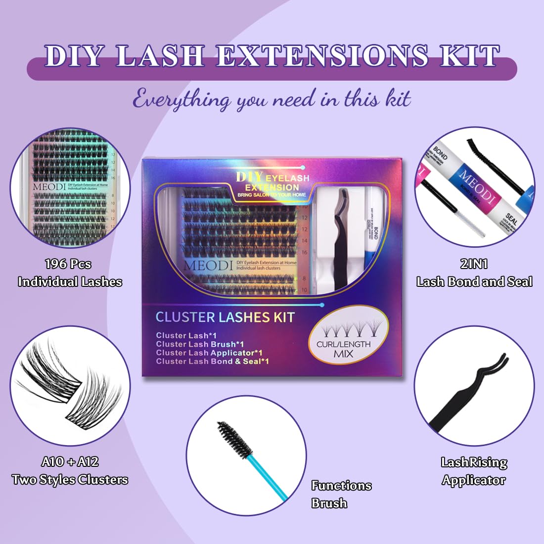 DIY Lash Extension Kit 196 Pcs Lash Clusters with Lash Bond and Seal and Lash Applicator Tool for Self Application at Home D Curl Individual Lashes Cluster Eyelash Extension Kit 8-16mm Mix