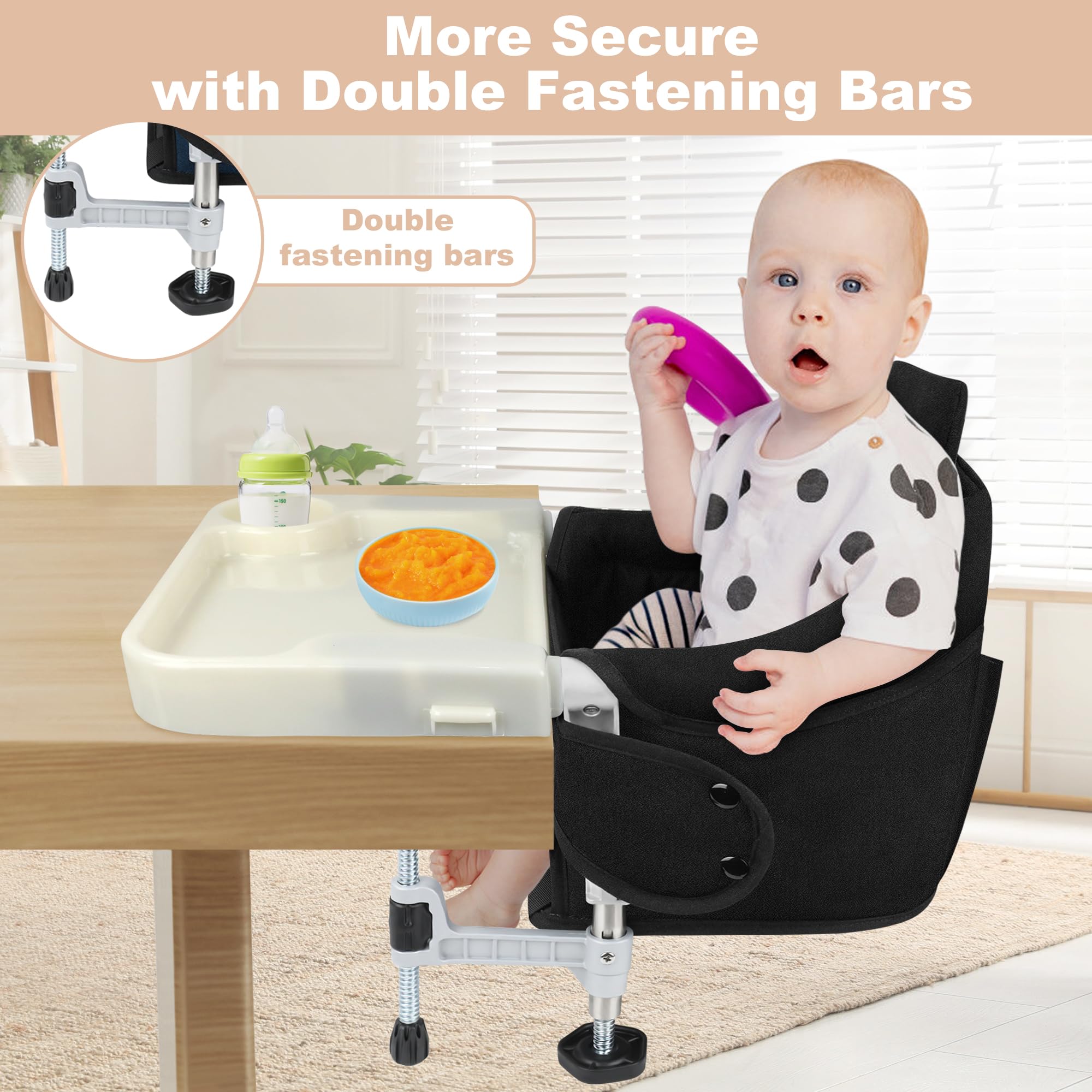 Hook On High Chair: Portable Travel High Chair with Backrest Board for Baby and Toddler, Foldable Clip on High Chair with Removable Dining Tray and Storage Carrying Bag for Indoor Outdoor (Black)