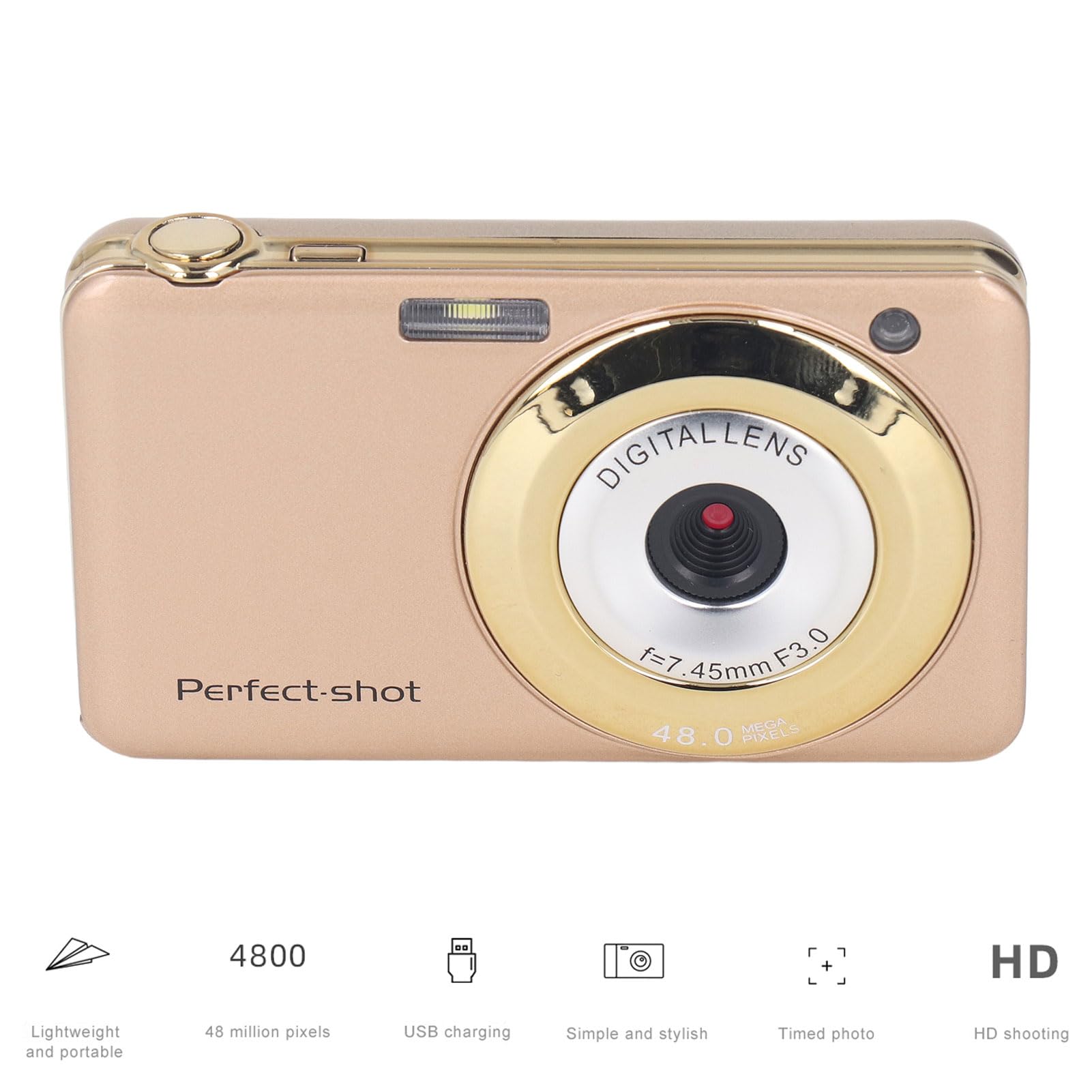 Digital Camera, 2.7in 48MP 8X Digital Zoom Point and Shoot Camera, Video Camera with Anti Shake Vlogging Camera for Night, Portrait, etc (Gold)