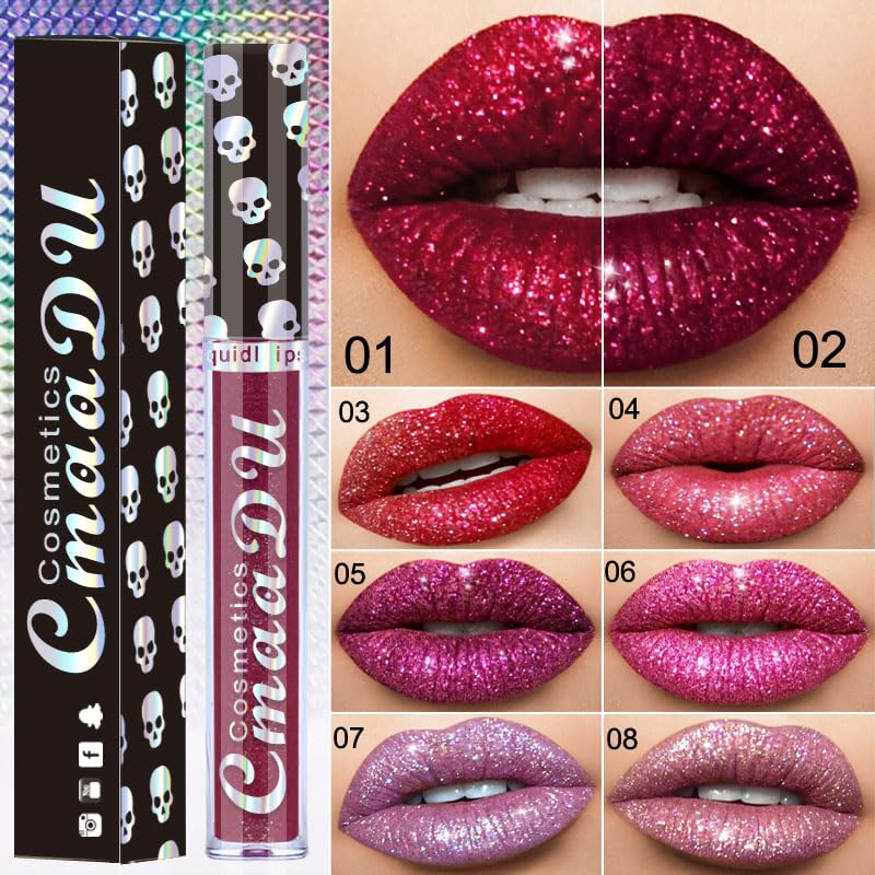 AKARY Shimmer Liquid Lipstick Long Lasting, Skull Diamond Metallic Shiny Glitter Glossy Shimmery Finish Waterproof Lip Gloss for Women, High Pigmented Nonstick Cup Lipstick Makeup for Lips, 03