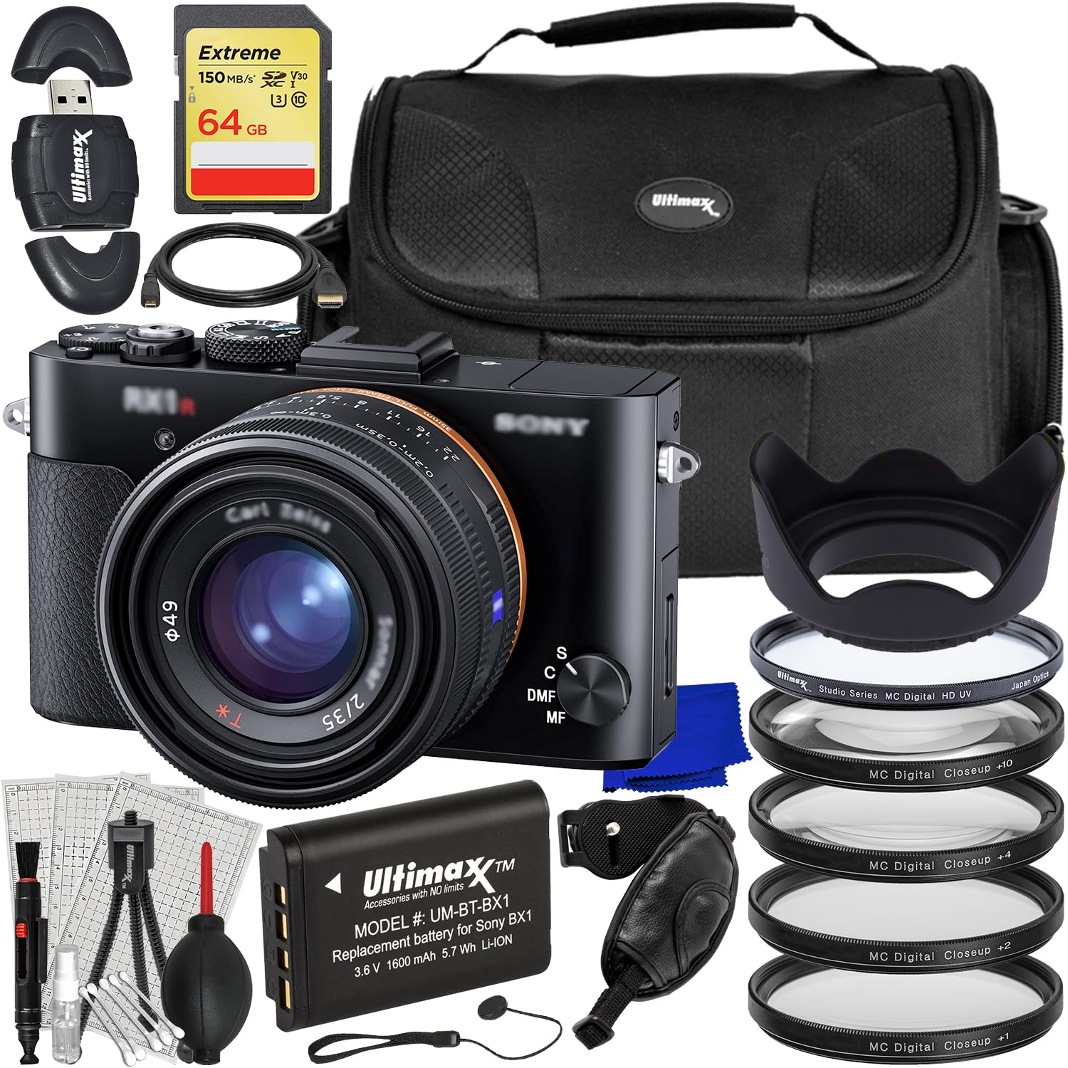 Ultimaxx Advanced Sony Cyber-Shot DSC-RX1R II Digital Camera Bundle - Includes: 64GB Extreme Memory Card, 1x Replacement Battery, Protective UV Filter, Tulip Lens Hood & Much More (28pc Bundle)