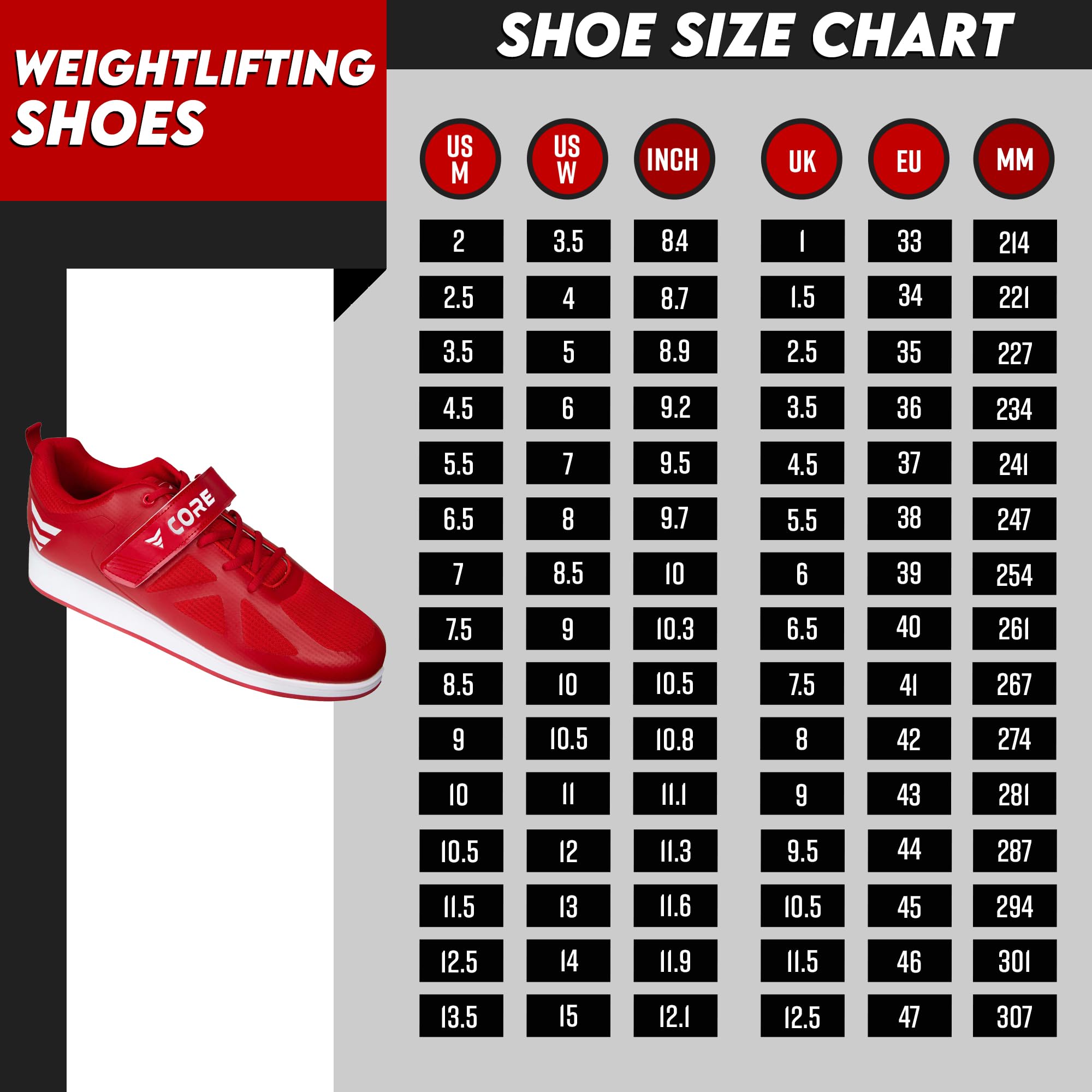 CORE Weightlifting Shoes - Squat Shoes for Men and Women – Weight Lifting Shoes for Powerlifting, Deadlifting & Crossfit - Strap and Lace-Up Gym Shoes – Non-Slip Olympic Lifting Shoes with 1.2" Heels