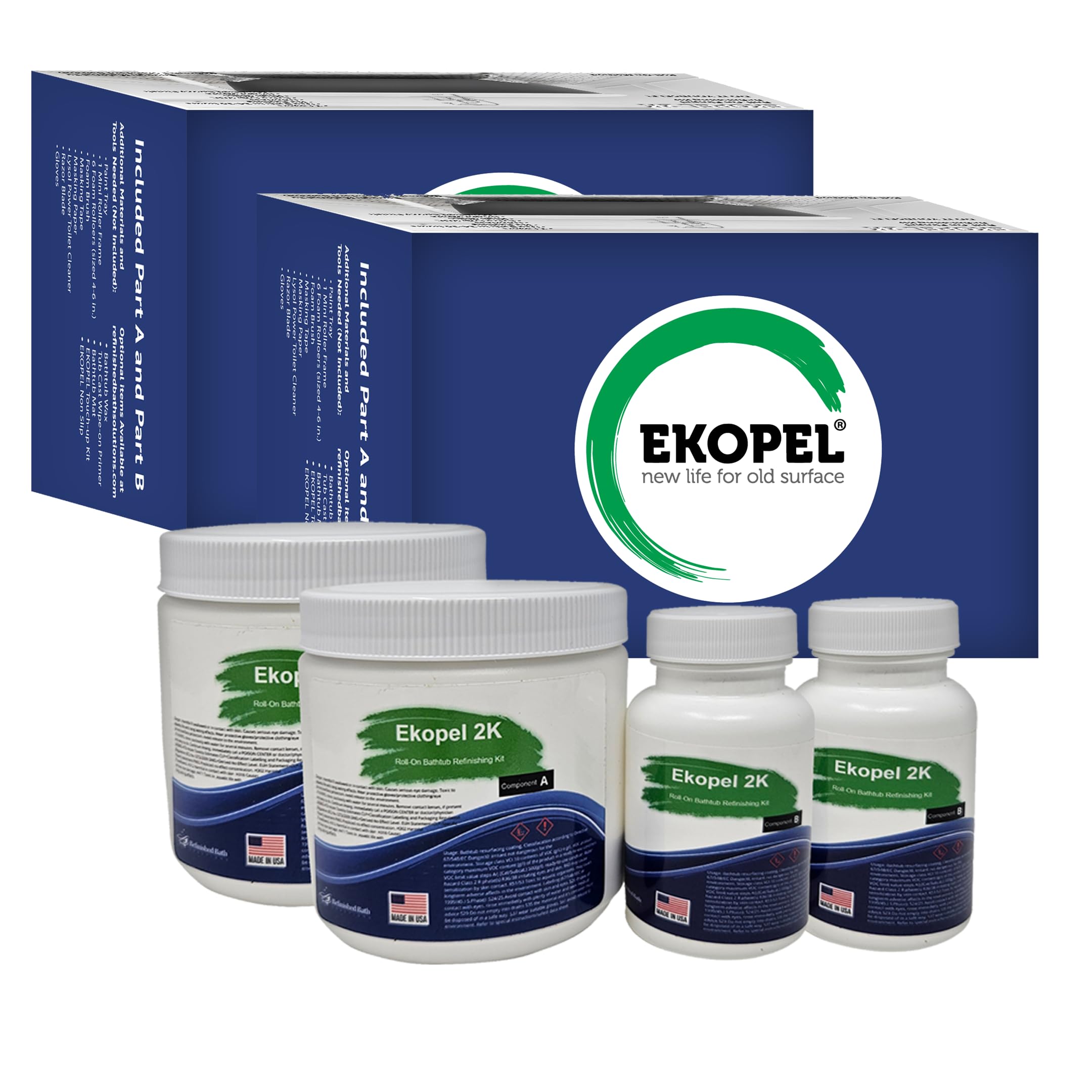 Ekopel Bathtub and Tile Refinishing Kit - Odorless Ultra Durable Bright White Gloss - 2 Coat Easy Paint On Application - Made in The USA - White Bathtub With Surround Size Kit