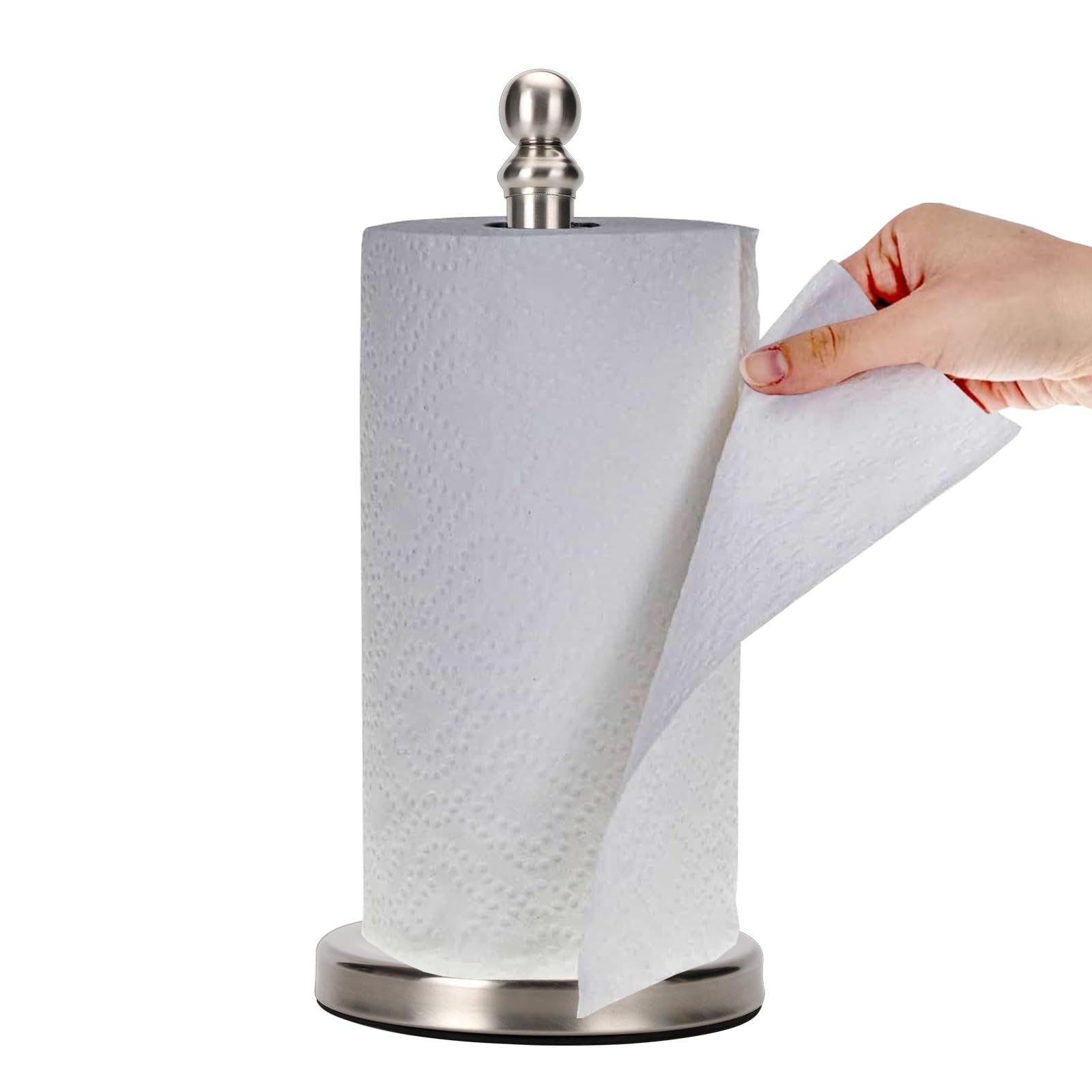 Paper Towel Holder Countertop, Standing Paper Towel Roll Holder for Kitchen Bathroom, with Weighted Base for One-Handed Operation (Brushed Nickel)