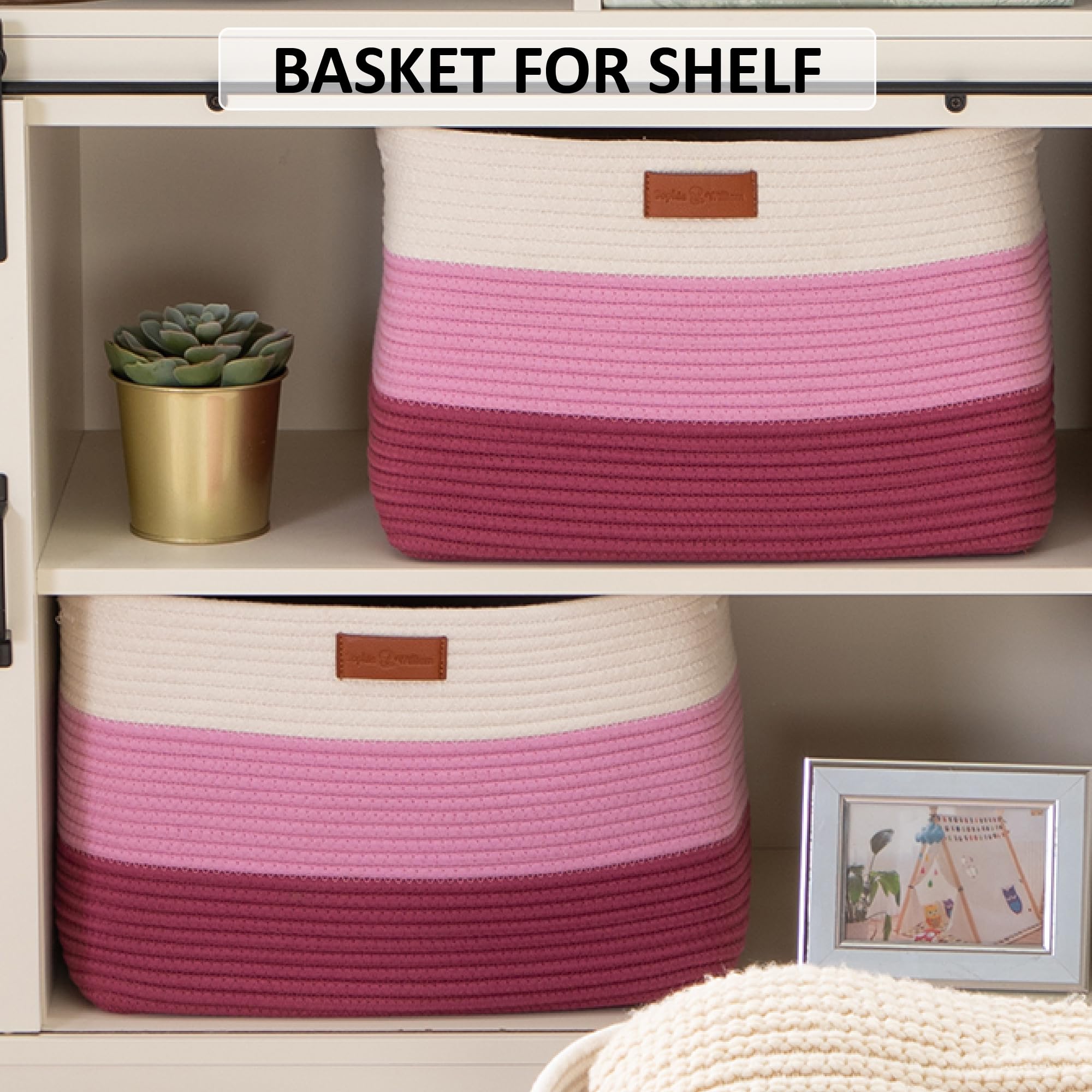 PHI VILLA Large Cotton Rope Basket, Woven Nursery Laundry Blanket Basket Toy Basket with Handles for Storage, Living Room, 15 x 10 x 8 inches, ‎Gradient Pink, 1-Pack