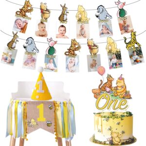 classic winnie 1st birthday party decorations, vintage winnie first birthday photo banner, first birthday hat, the pooh high chair banner, vintage the pooh cake topper party supplies 1st birthday