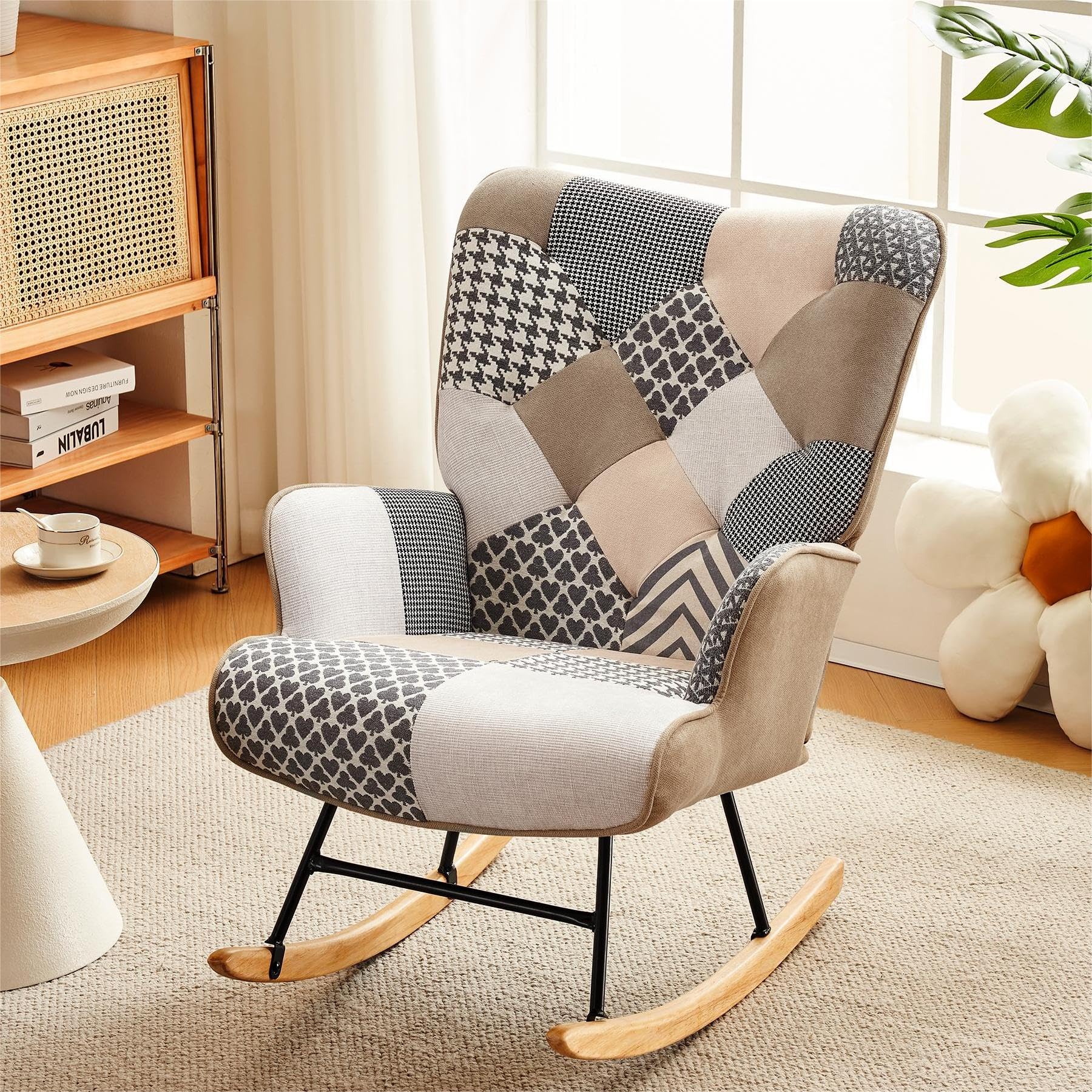 Fahomiss Nursery Rocking Chair - Accent Rocking Chair for Nursery, 330lbs Weight Capacity Glider Rocking Chair Upholstered with Patchwork Linen Fabric for Living Room Bedroom(x1, Elegant Grey)