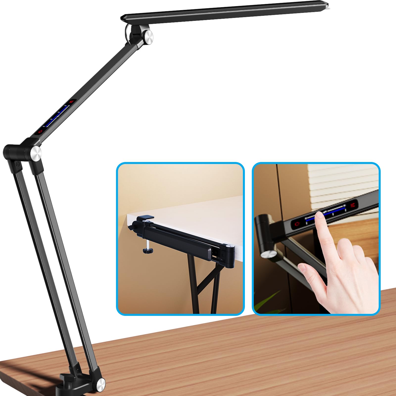 Space Saving LED Desk Lamps, Touch Adjustment 10 Color Temperatures &10 Brightness Eye-Caring Modes, Swing Arm Desk Light with Clamp,Lamp for Home Office 360° Spin Memory Function-Metallic Black