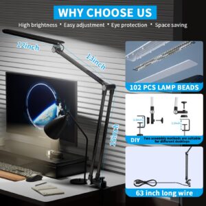 Space Saving LED Desk Lamps, Touch Adjustment 10 Color Temperatures &10 Brightness Eye-Caring Modes, Swing Arm Desk Light with Clamp,Lamp for Home Office 360° Spin Memory Function-Metallic Black