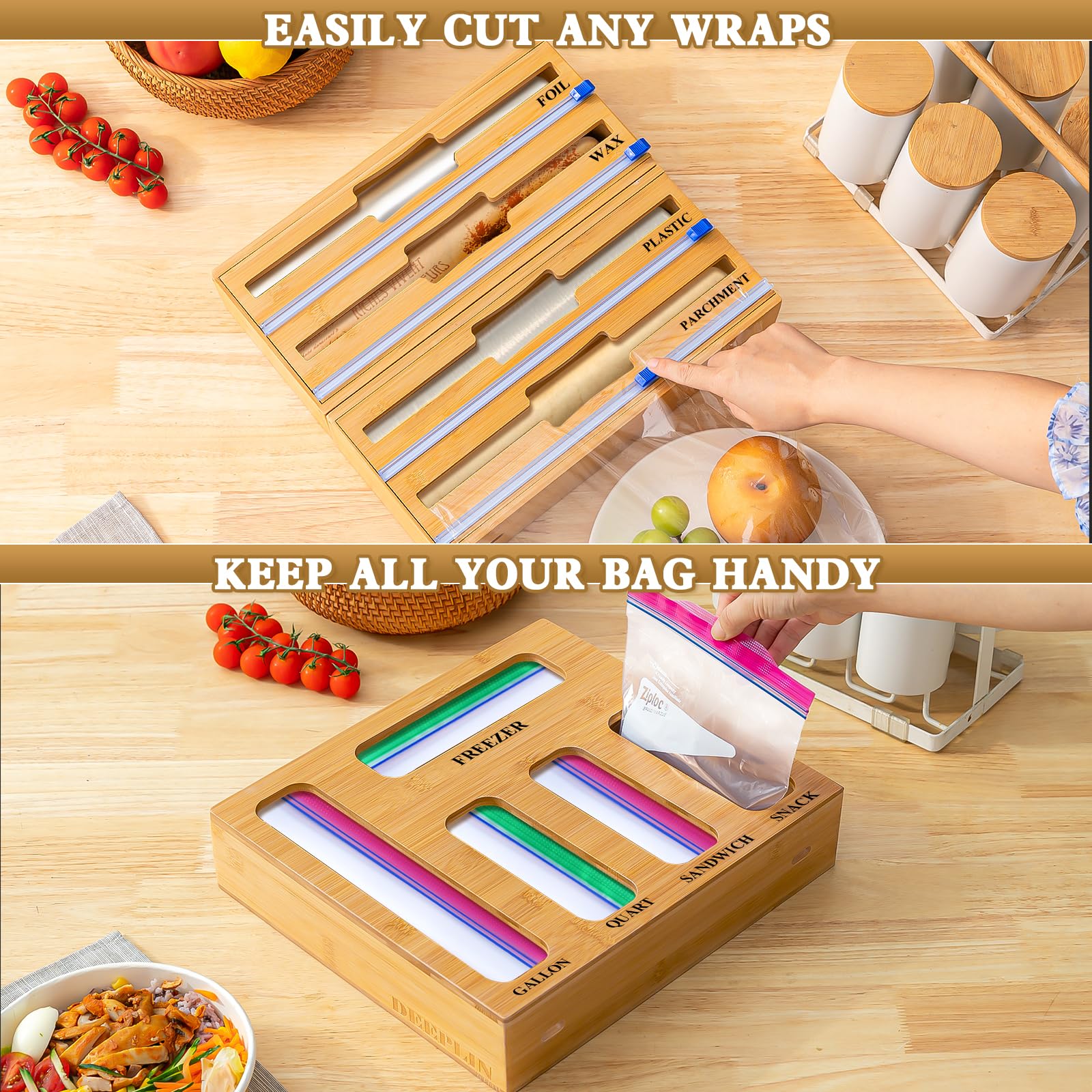 deeplin Storage Bag Organizer and Wrap Dispenser with Cutter, 9 IN 1 Bamboo Foil and Plastic Wrap Organizer for Kitchen Drawer, Plastic Bag Organizer for Gallon,Quart,Sandwich,Snack