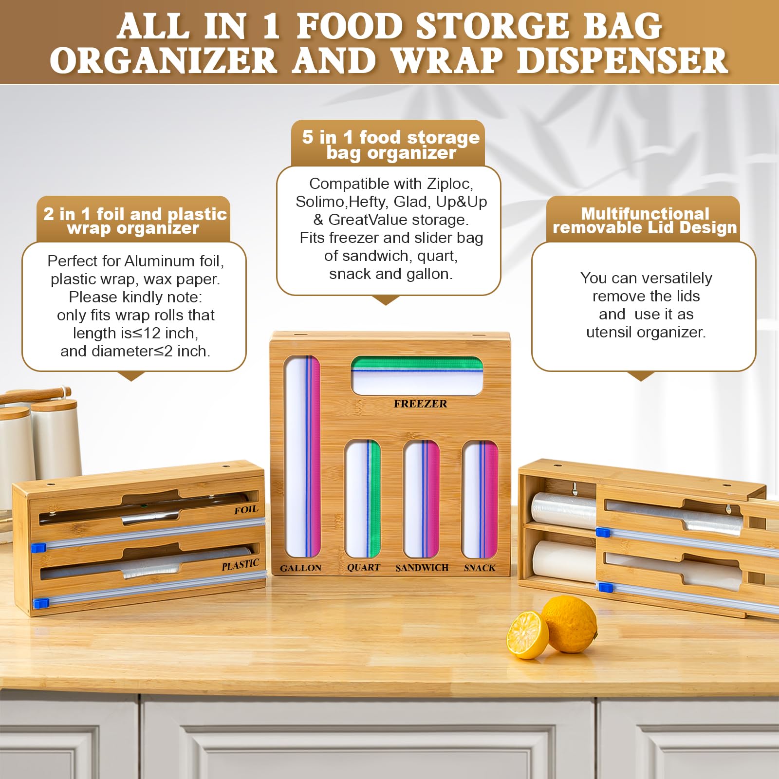 deeplin Storage Bag Organizer and Wrap Dispenser with Cutter, 9 IN 1 Bamboo Foil and Plastic Wrap Organizer for Kitchen Drawer, Plastic Bag Organizer for Gallon,Quart,Sandwich,Snack