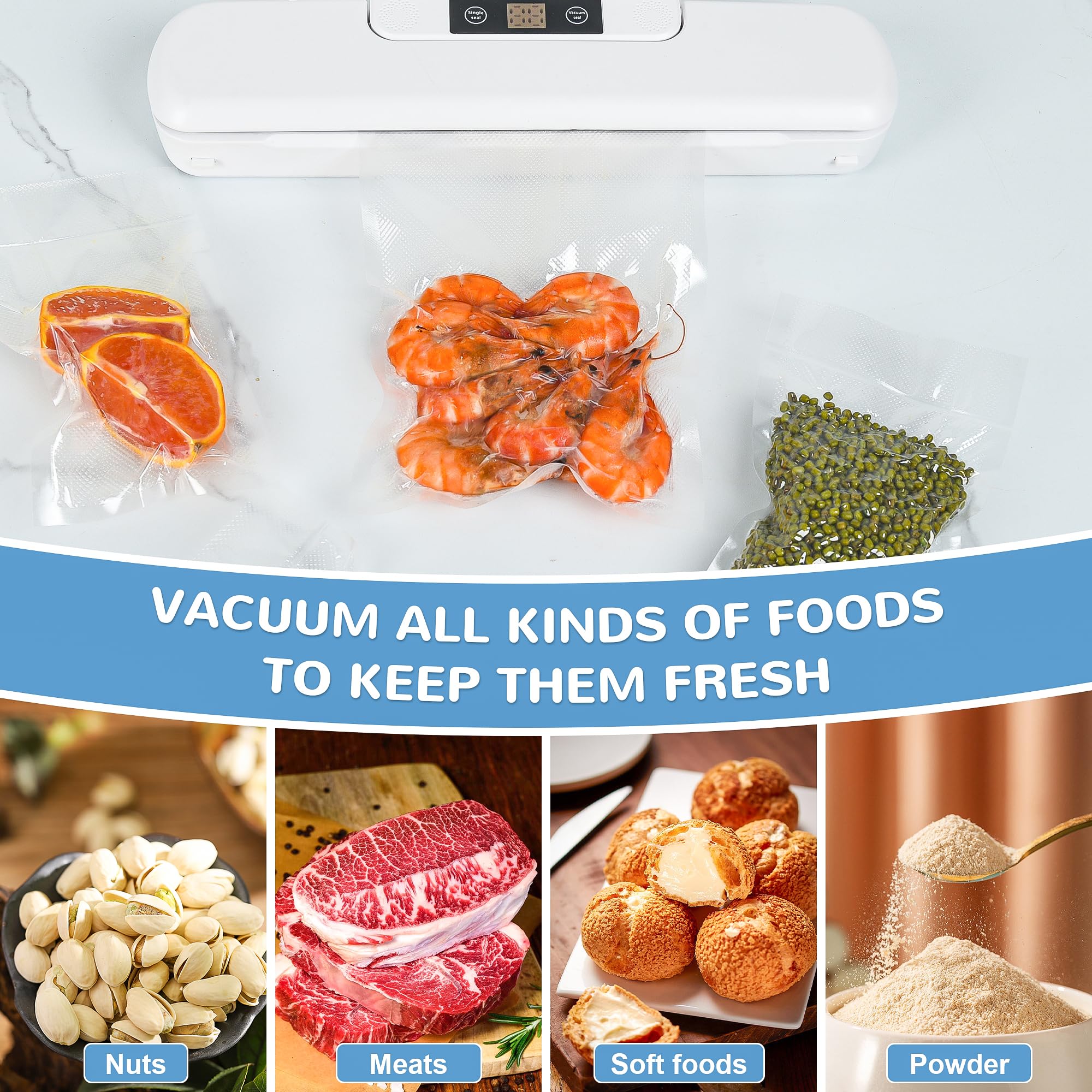 Vacuum Sealer Machine, Automatic Food Saver Vacuum Sealer Machine with 10 Vacuum Seal Bags, Compact Mini Seal a Meal Vacuum Sealer for Food Storage and Saver, 2 Models Easy Options-White