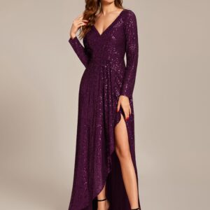 Ever-Pretty Women's Sexy Deep V-Neck Long Sleeves Slit Sequin Cocktail Dresses Dark Purple US10