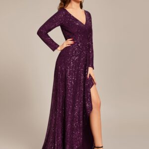 Ever-Pretty Women's Sexy Deep V-Neck Long Sleeves Slit Sequin Cocktail Dresses Dark Purple US10