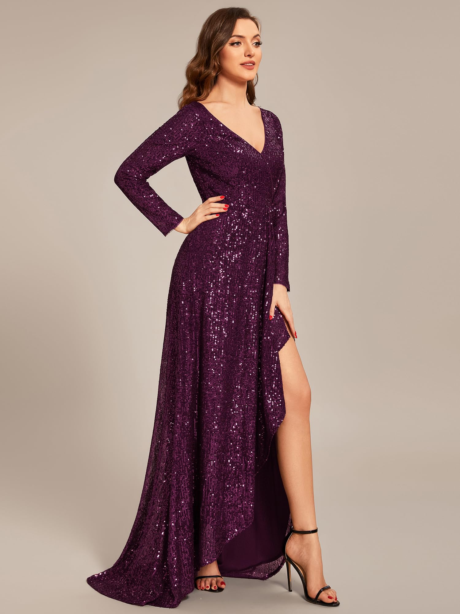 Ever-Pretty Women's Sexy Deep V-Neck Long Sleeves Slit Sequin Cocktail Dresses Dark Purple US10