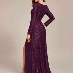 Ever-Pretty Women's Sexy Deep V-Neck Long Sleeves Slit Sequin Cocktail Dresses Dark Purple US10