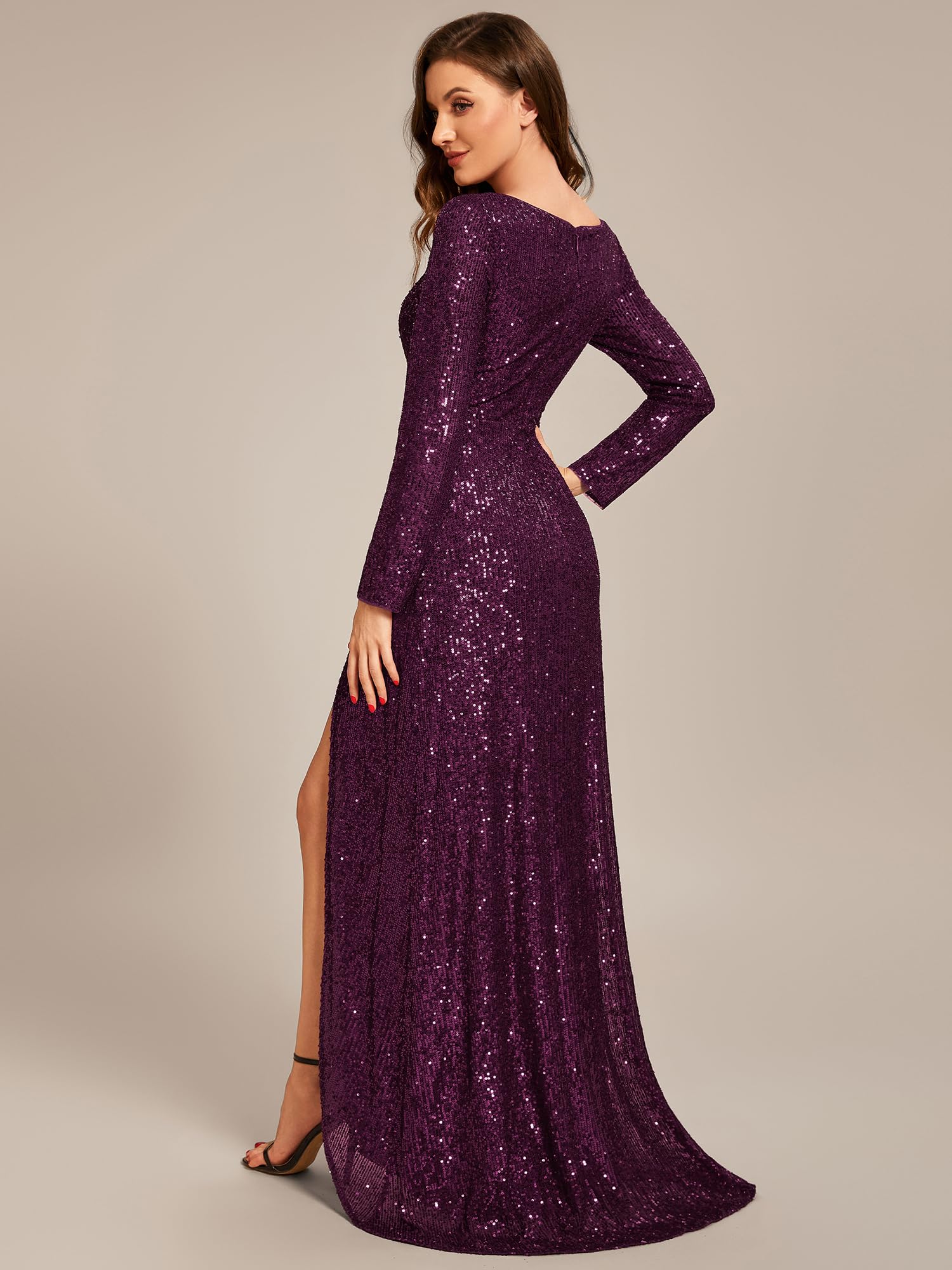 Ever-Pretty Women's Sexy Deep V-Neck Long Sleeves Slit Sequin Cocktail Dresses Dark Purple US10