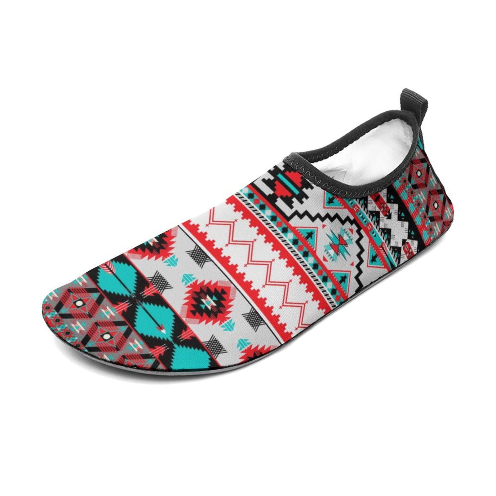 Water Shoes for Womens Mens Barefoot Quick-Dry Aqua Socks for Beach Swim Surf Yoga Exercise (Geometric Indiana Western Southwest Tribal Ethnic Aztec Red Turquoise)