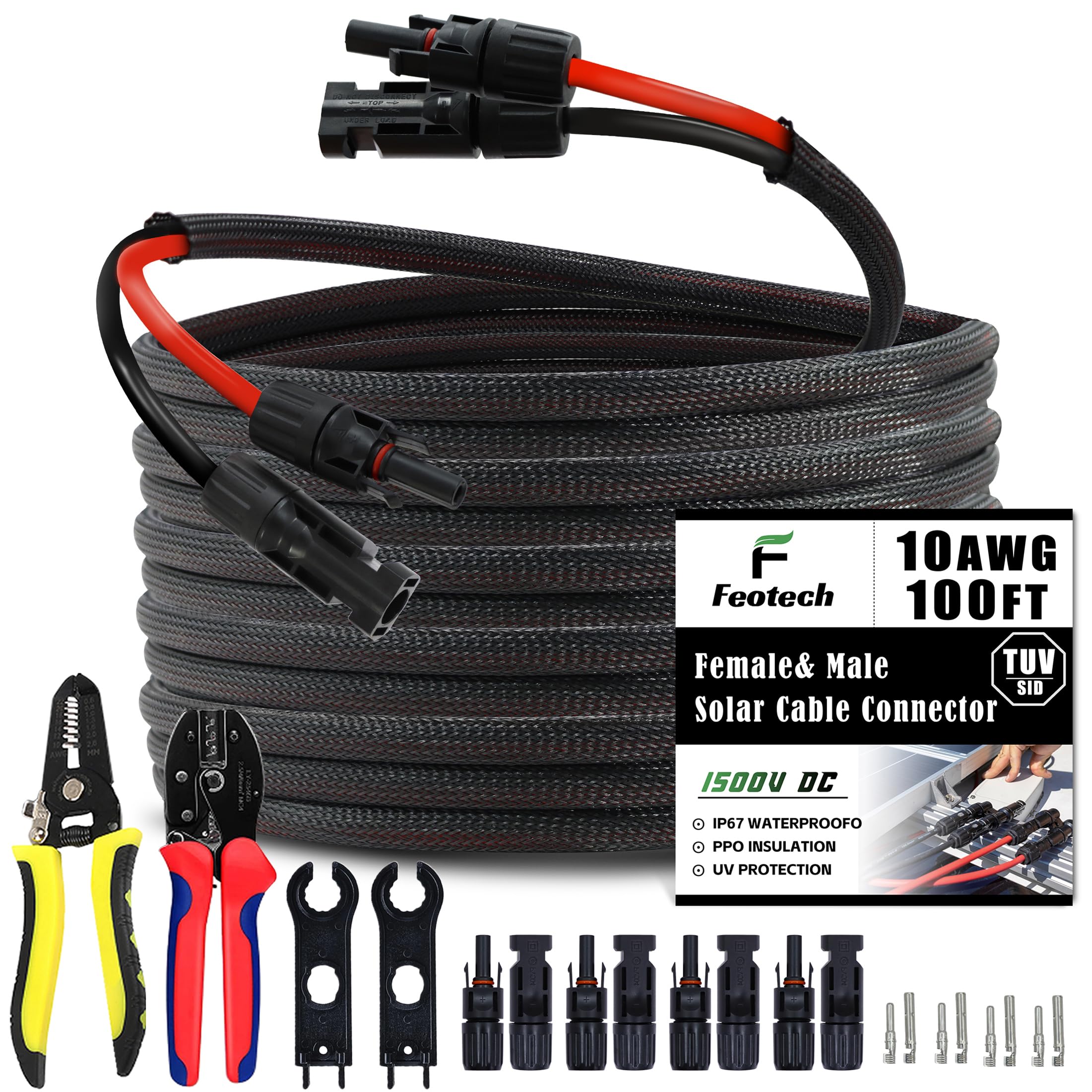 Feotech Twin Wire 100FT Solar Extension Cable - 10AWG(6mm²) Solar Panel Connector, with 6 Pairs-IP67-Male/Female Solar connectors for Outdoor Automotive RV Boat Marine Solar Panel- Black & Red