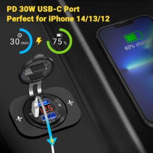 66W 12 Volt USB Outlet,Qidoe Dual Quick Charge 3.0 and PD 30W, USB 12V Power Outlet with Red Voltmeter and Switch, Waterproof Aluminum Socket for Car Accessories Boat USB Port Marine USB Outlet