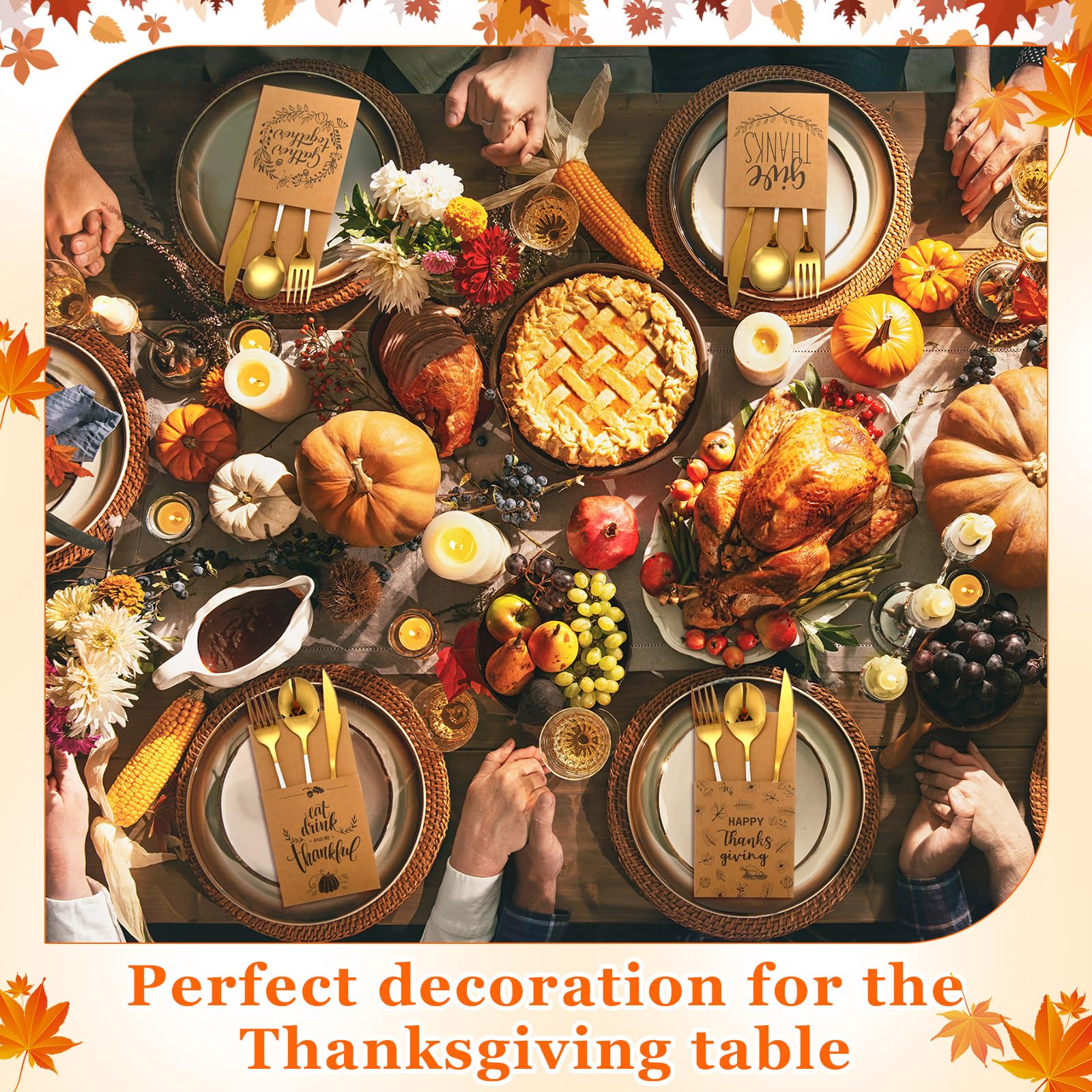 Macarrie 100 Pcs Thanksgiving Cutlery Holder Set Thanksgiving Turkey Utensil Holder Kraft Pockets for DIY Dinner Table Decorations Autumn Fall Harvest Party Favor Supply