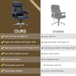 chizzysit Big and Tall Office Chair, Ergonomic Office Chair with Quiet Wheels Heavy Duty Metal Base, Computer Desk Chair 400lbs, Leather Office Chair with 2 Point Massage, Executive Office Chair