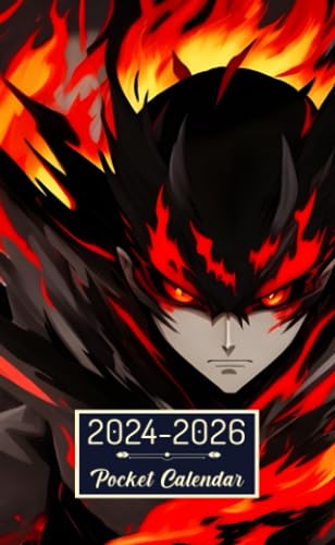 Pocket Calendar 2024-2026: Two-Year Monthly Planner for Purse , 36 Months from January 2024 to December 2026 | Anime-style black red shadow | Red eyes with flames