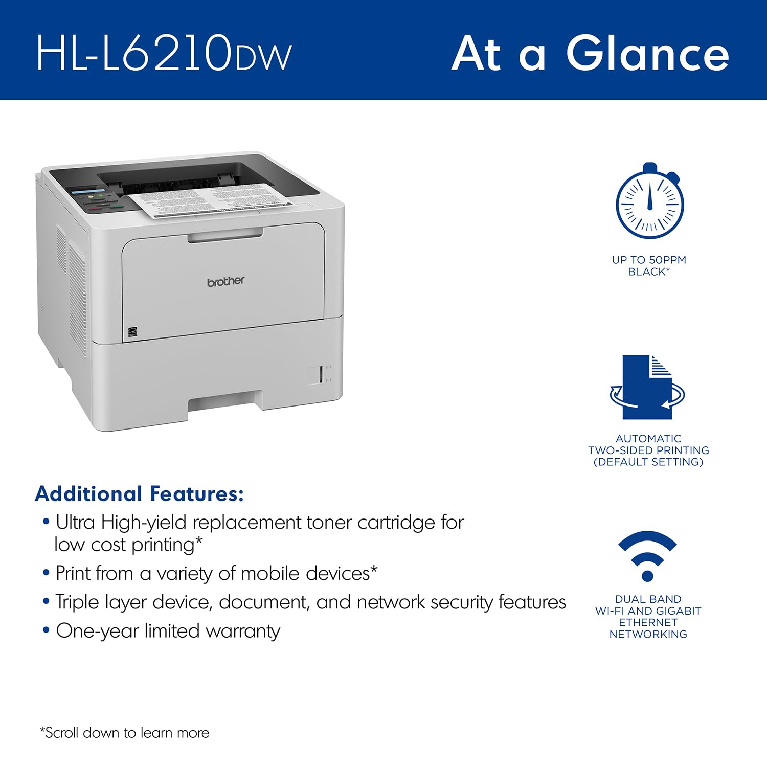 Brother HL-L6210DW Business Monochrome Laser Printer with Large Paper Capacity, Wireless and Gigabit Ethernet Networking, Low-Cost Printing, Advanced Security Features and Mobile Printing