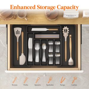 Lifewit Silverware Drawer Organizer, Expandable Utensil Organizer for Kitchen Drawers, Adjustable Cutlery and Flatware Tray, Plastic Spoons Forks Knives Holder Storage Dividers, Large, Black