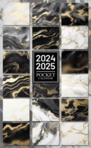 pocket calendar 2024-2025 for purse: 2 year small size 4 x 6.5 inches - gold black and white square marble design volume 1