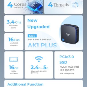 KAMRUI AK1PLUS Mini PC with Intel Alder Lake N95(up to 3.4 GHz), 16GB DDR4 RAM 1TB M.2 NVME SSD Small Desktop Computers, Micro Computer Towers Support 4K UHD for Business Office Industrial IOT Home