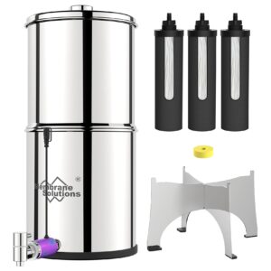 membrane solutions uv countertop water filtration system, stainless steel 2.25g gravity water filter with 3 pack 0.1-micron uf filters, for home, camping, and rving (u3p)