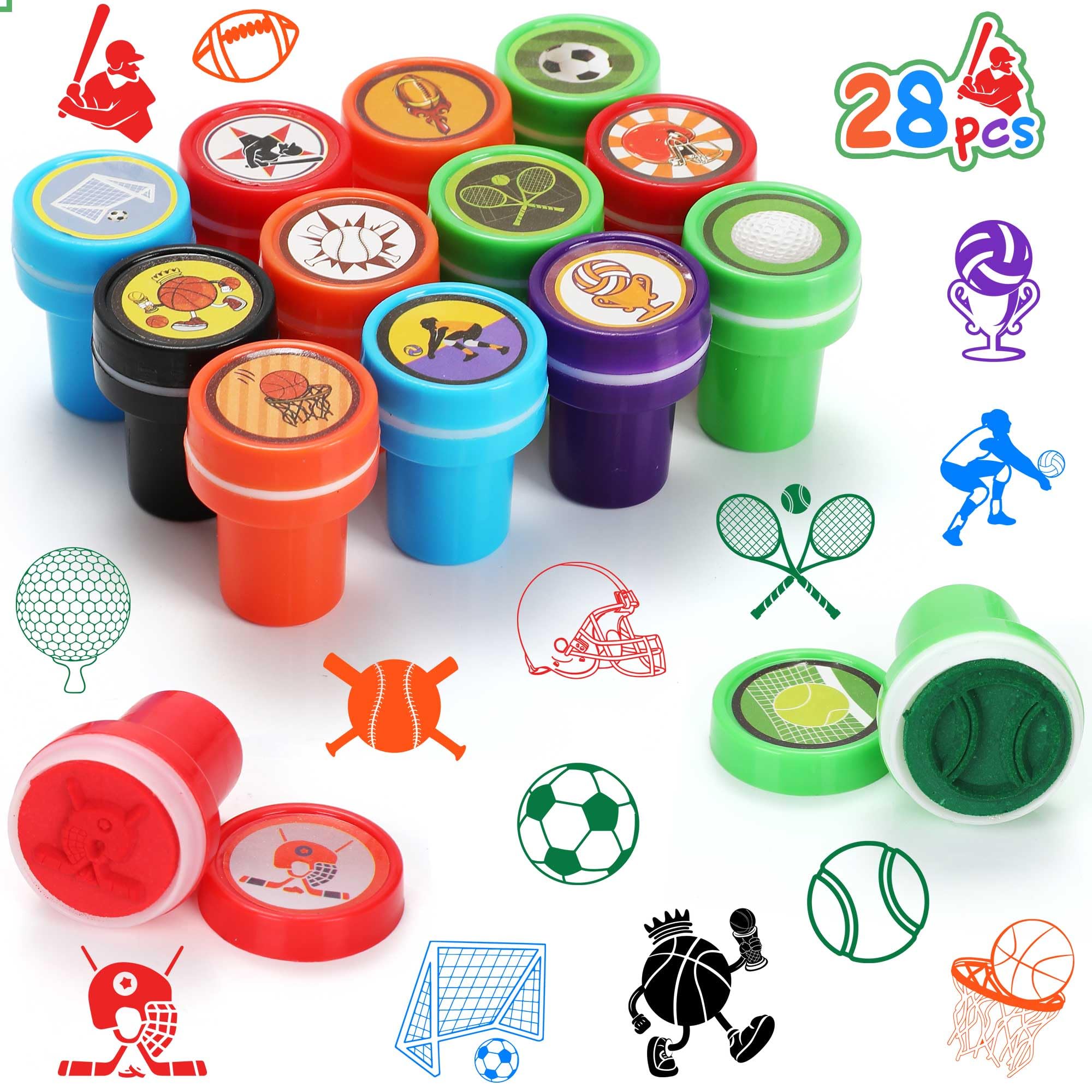 28Pcs Assorted Balls Stamps for Kids, Self Inking Football Basketball Rugby Golf Stampers for Party Favors Goody Bag Stuffers Classroom Club Rewards Party Treat Birthday Party(Ball Sports Style)