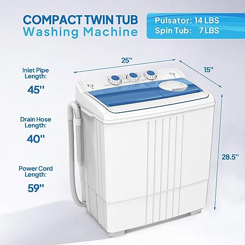 ROVSUN 21LBS Portable Washing Machine, Mini Compact Twin Tub Clothes Washer with Washer(14LBS) and Spinner(7LBS) & Pump Draining, Great for Home Dorms Apartments RV Camping (White & Blue)